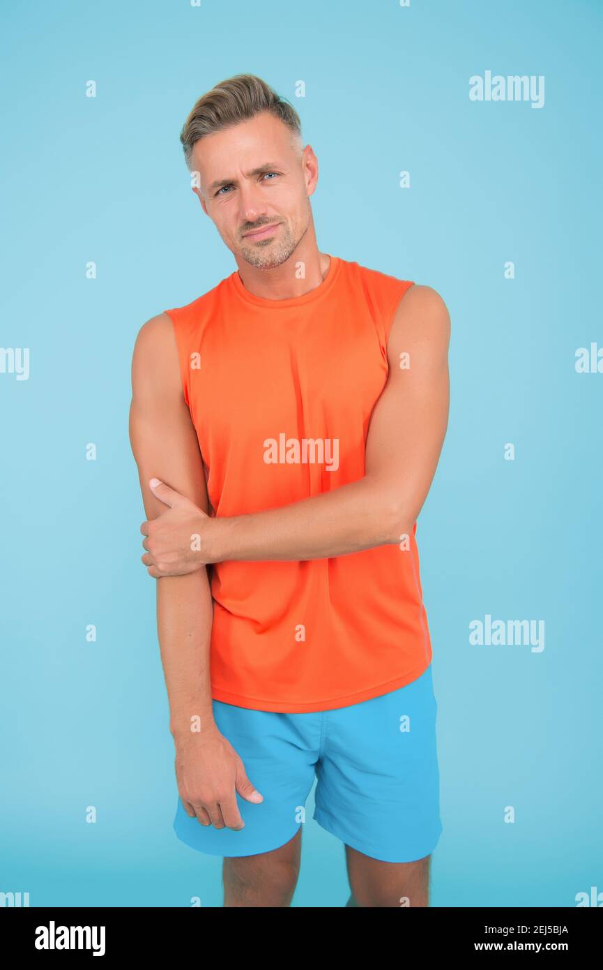 Shape your future. Muscular type. Muscular guy blue background. Fit man ...