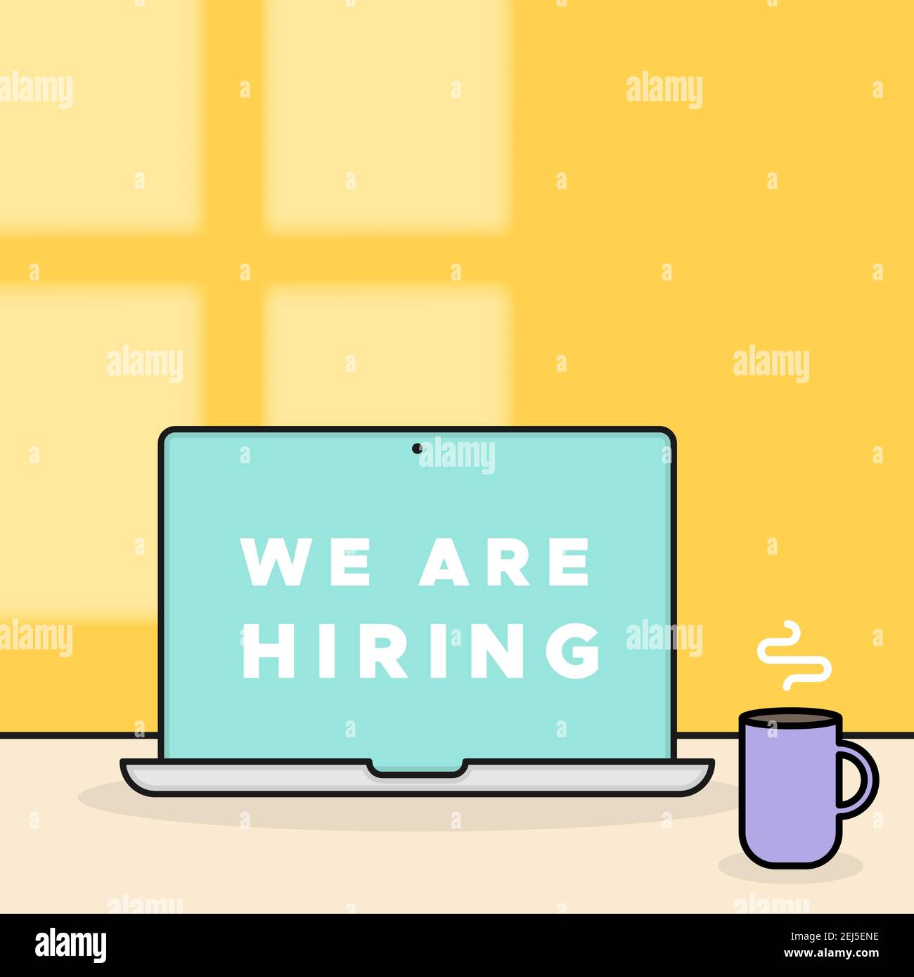 We are hiring. Computer laptop device with screen message. Desk with ...