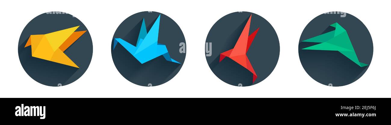 Colorful origami birds collection. Flat style paper crane with shadow ...