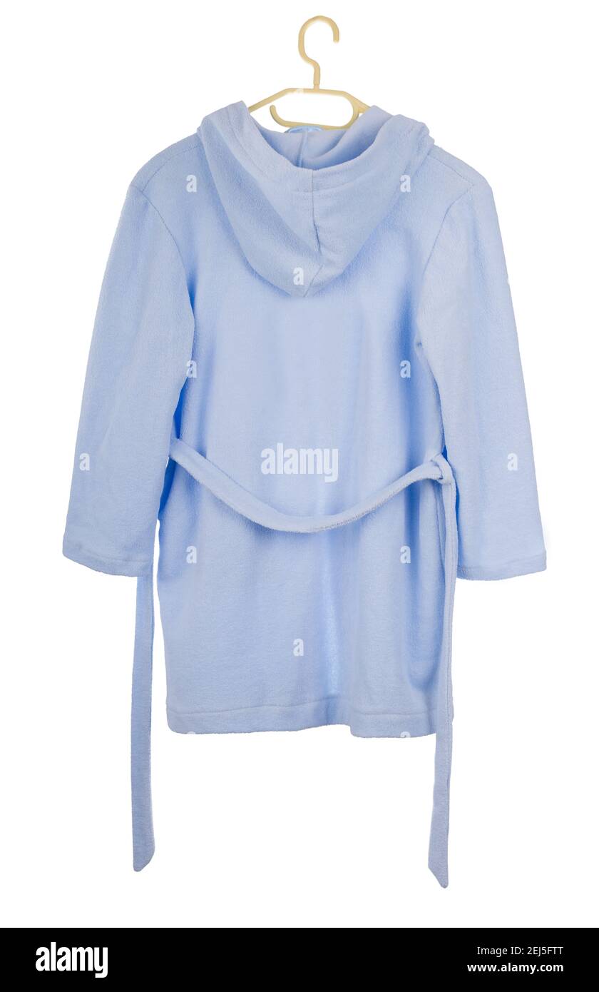 A vertical shot of a blue robe with a hanger isolated on a white ...