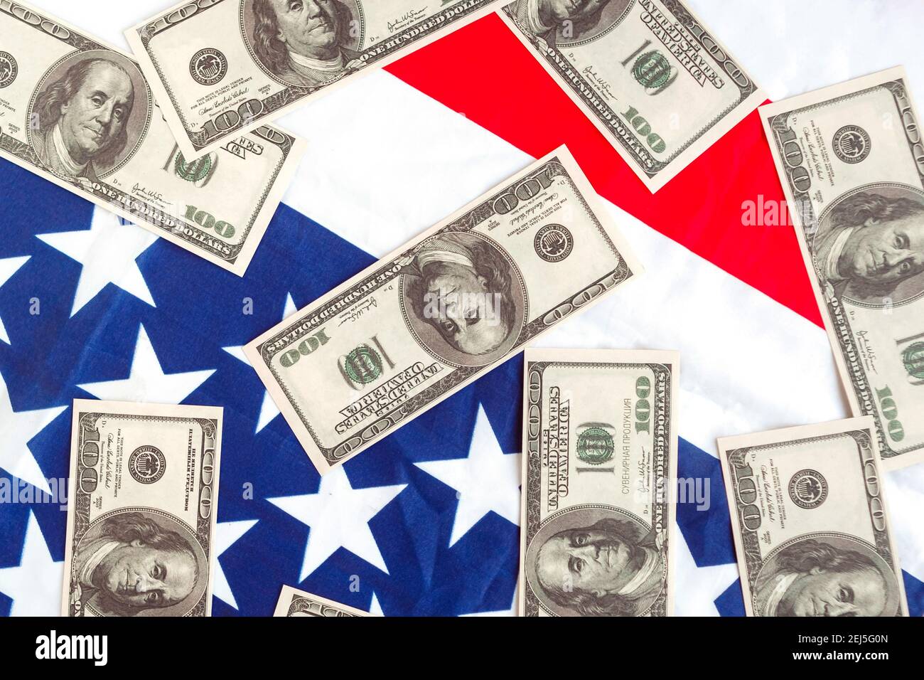 Dollar bills on American national flag. Banknote pattern on usa ...