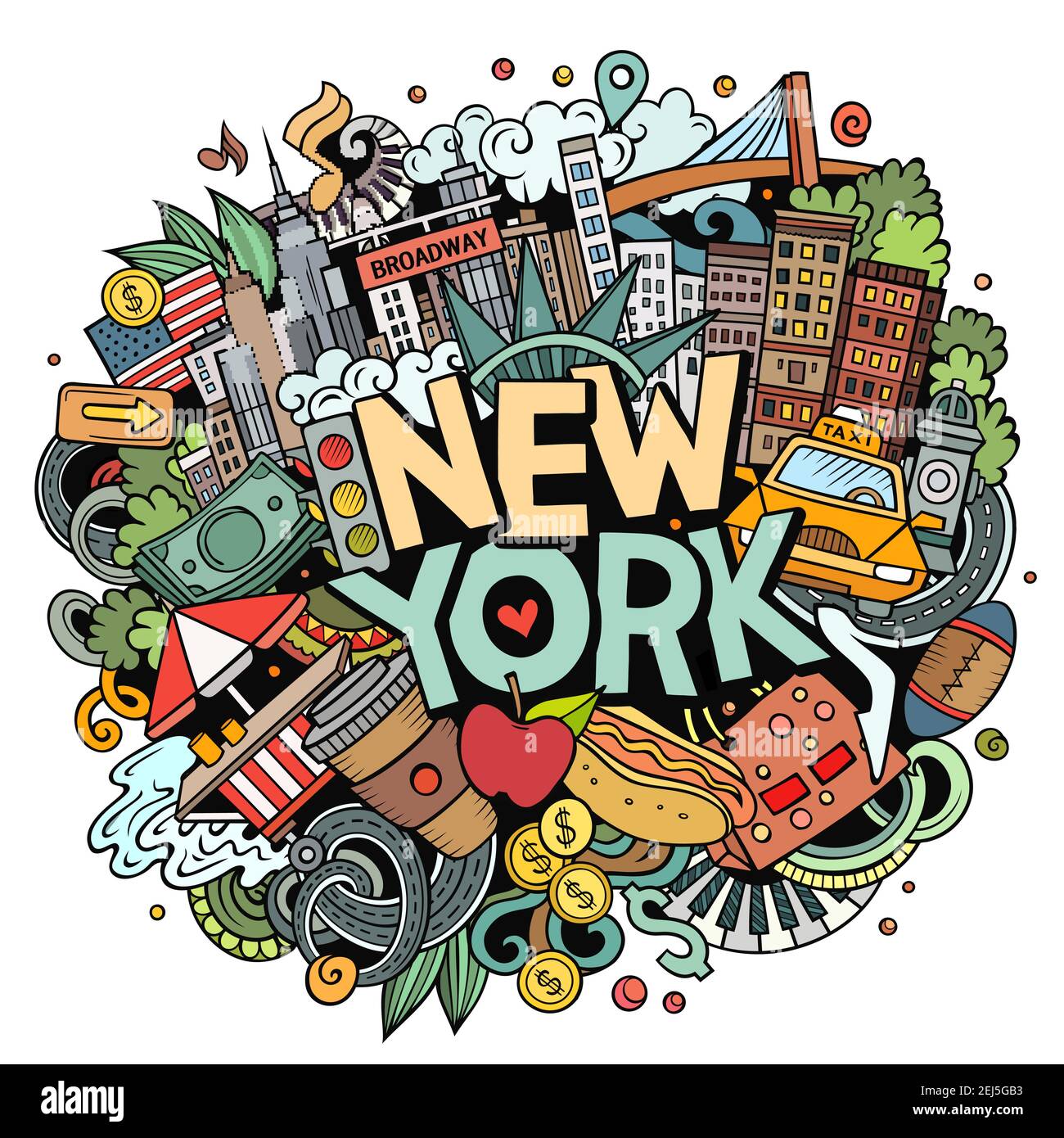 New York hand drawn cartoon doodle illustration. Funny City design ...