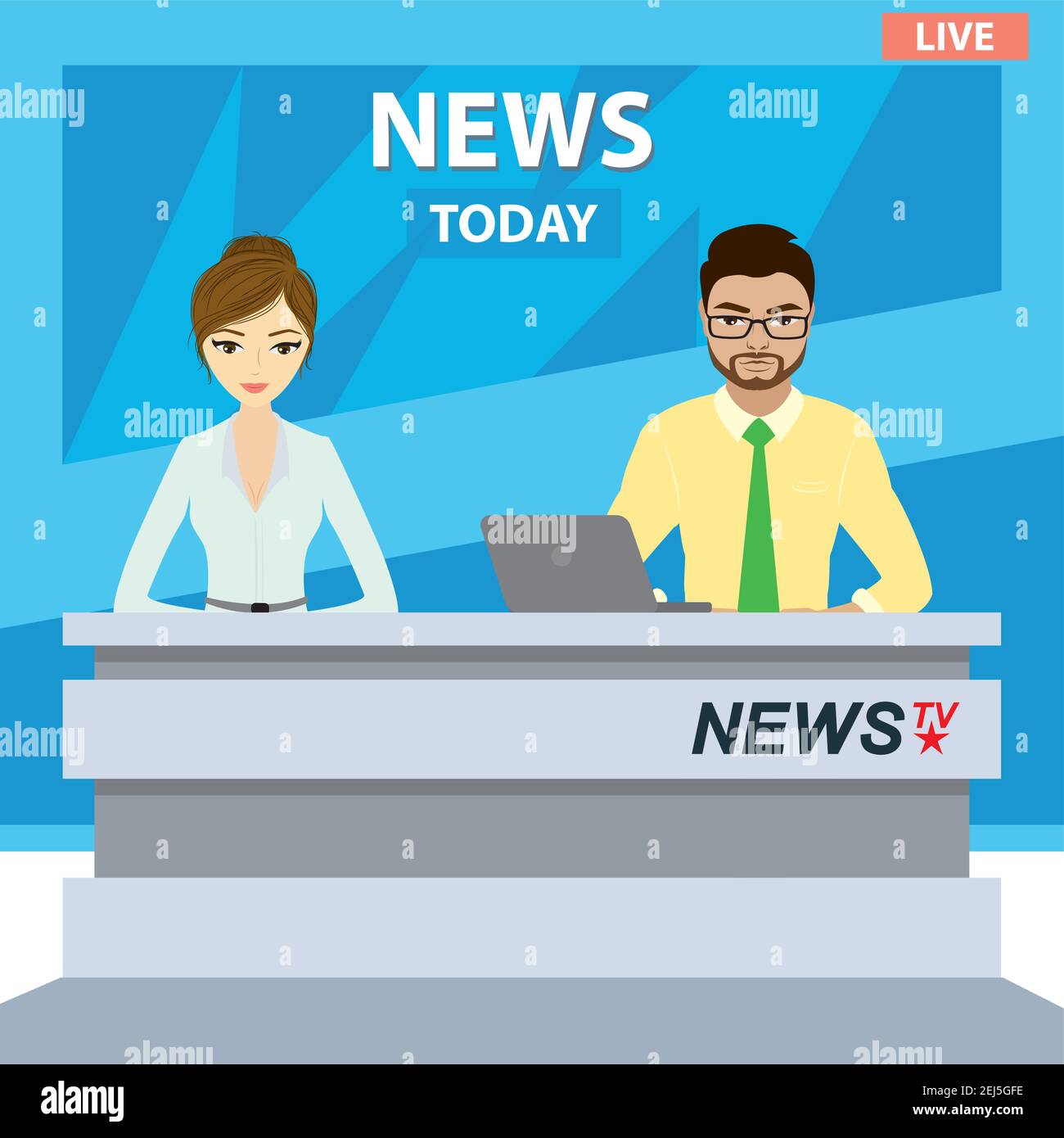 European female and male news anchors in modern television studio,two ...
