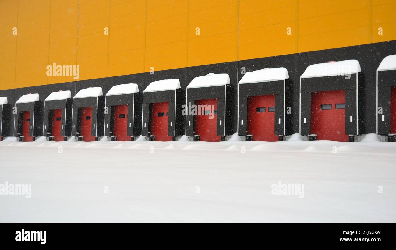 Empty loading area of a large logistics warehouse in the snow Stock ...