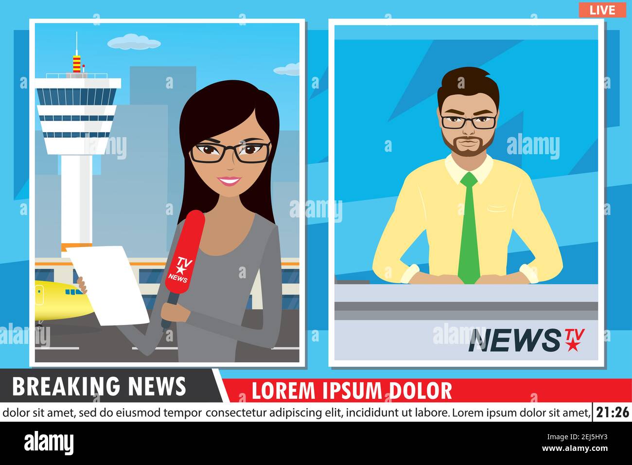 Two screens with European news anchorman in modern television studio ...