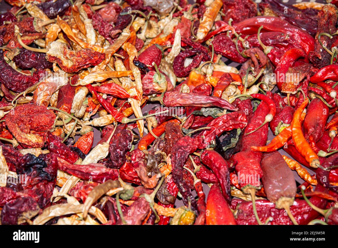 Red chilli exploded into small pieces with many seed inside and dried ...