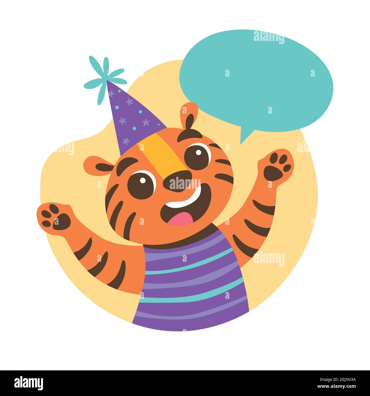Cute tiger wearing a party hat and a blank speech bubble above his head ...