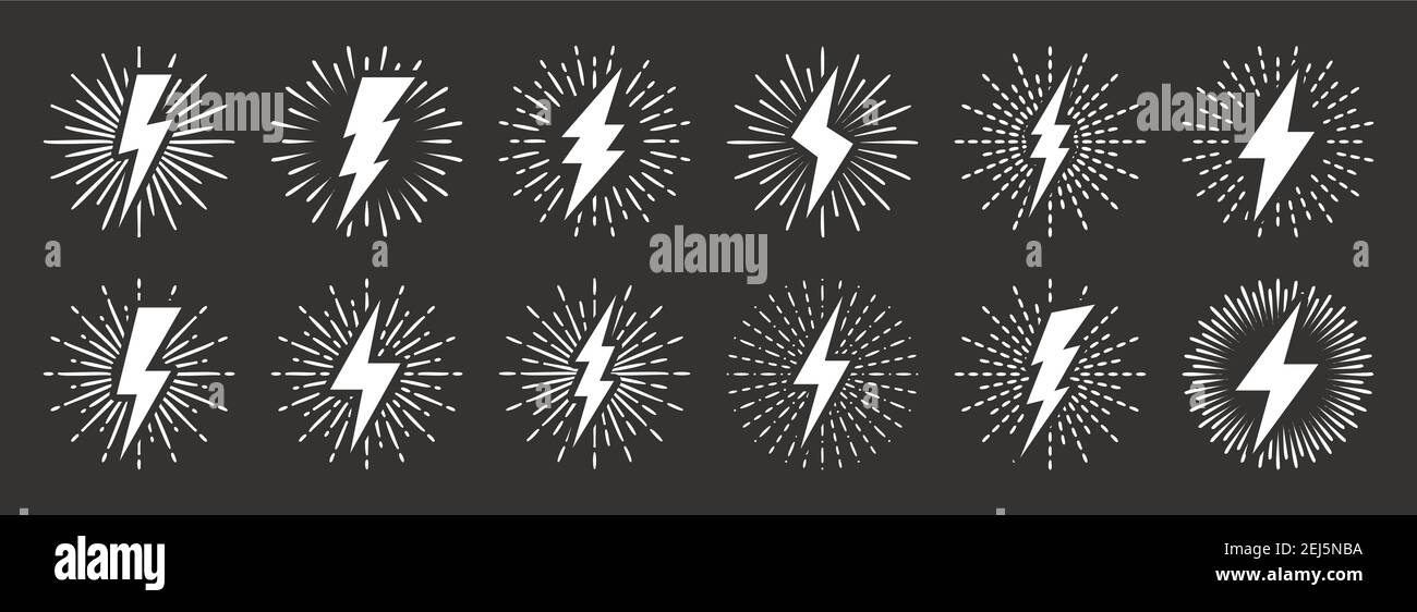 Set of vintage lightning bolts and sun rays. Lightnings with sunburst ...