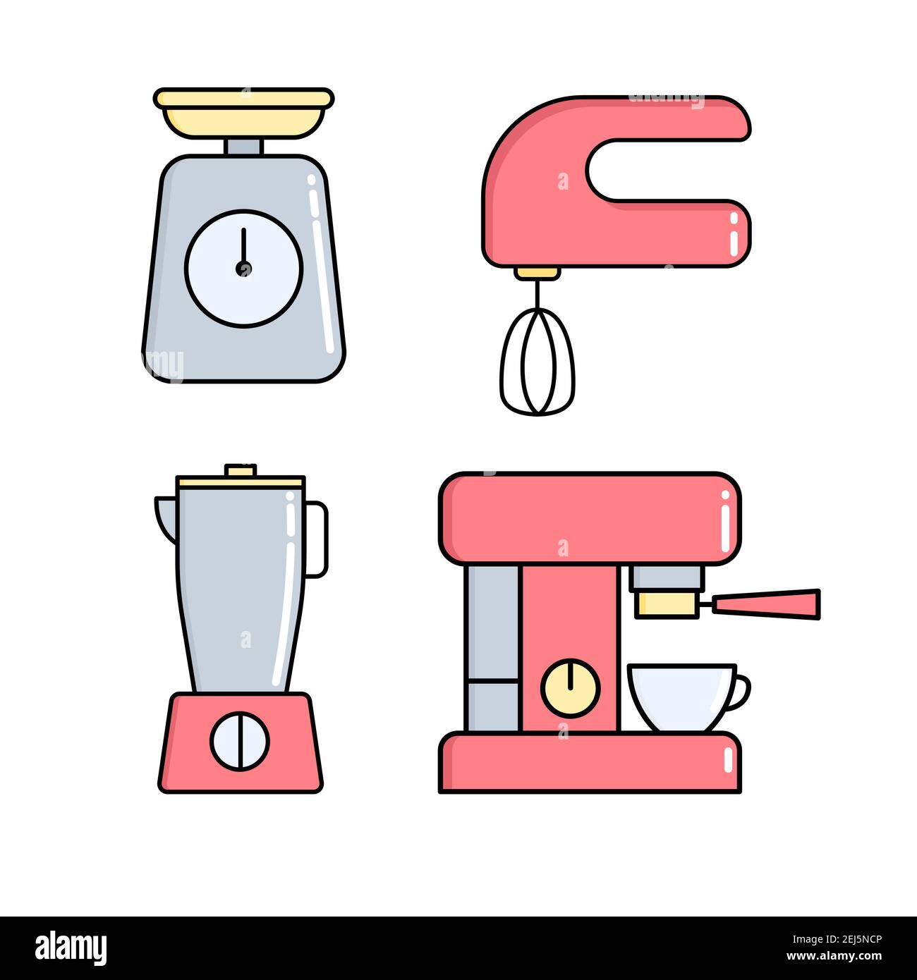 Kitchen appliances icon set. Coffee machine, mixer blender and scales ...