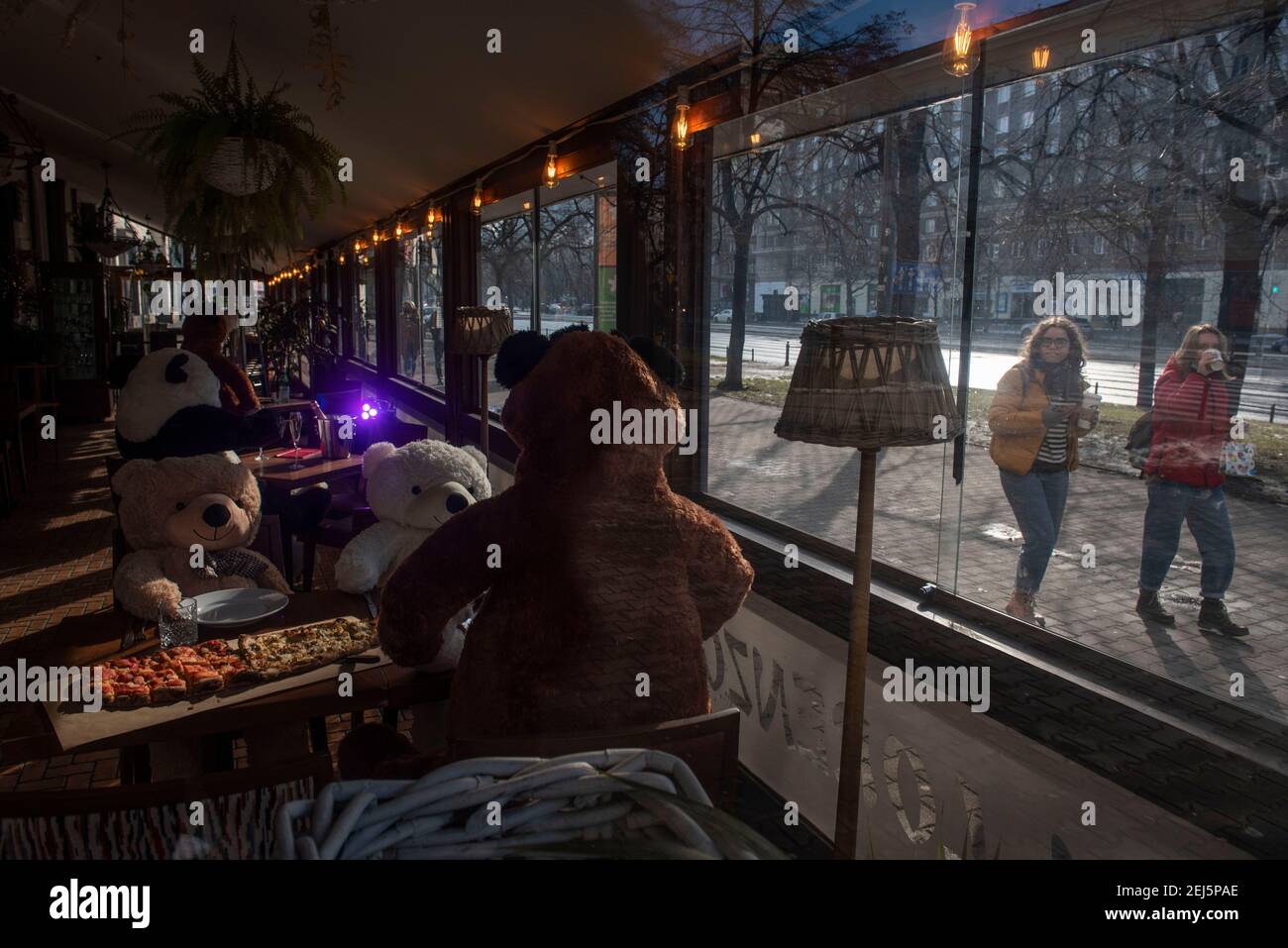 Warsaw, Poland. 21st Feb, 2021. Teddy bears are seen at a restaurant ...