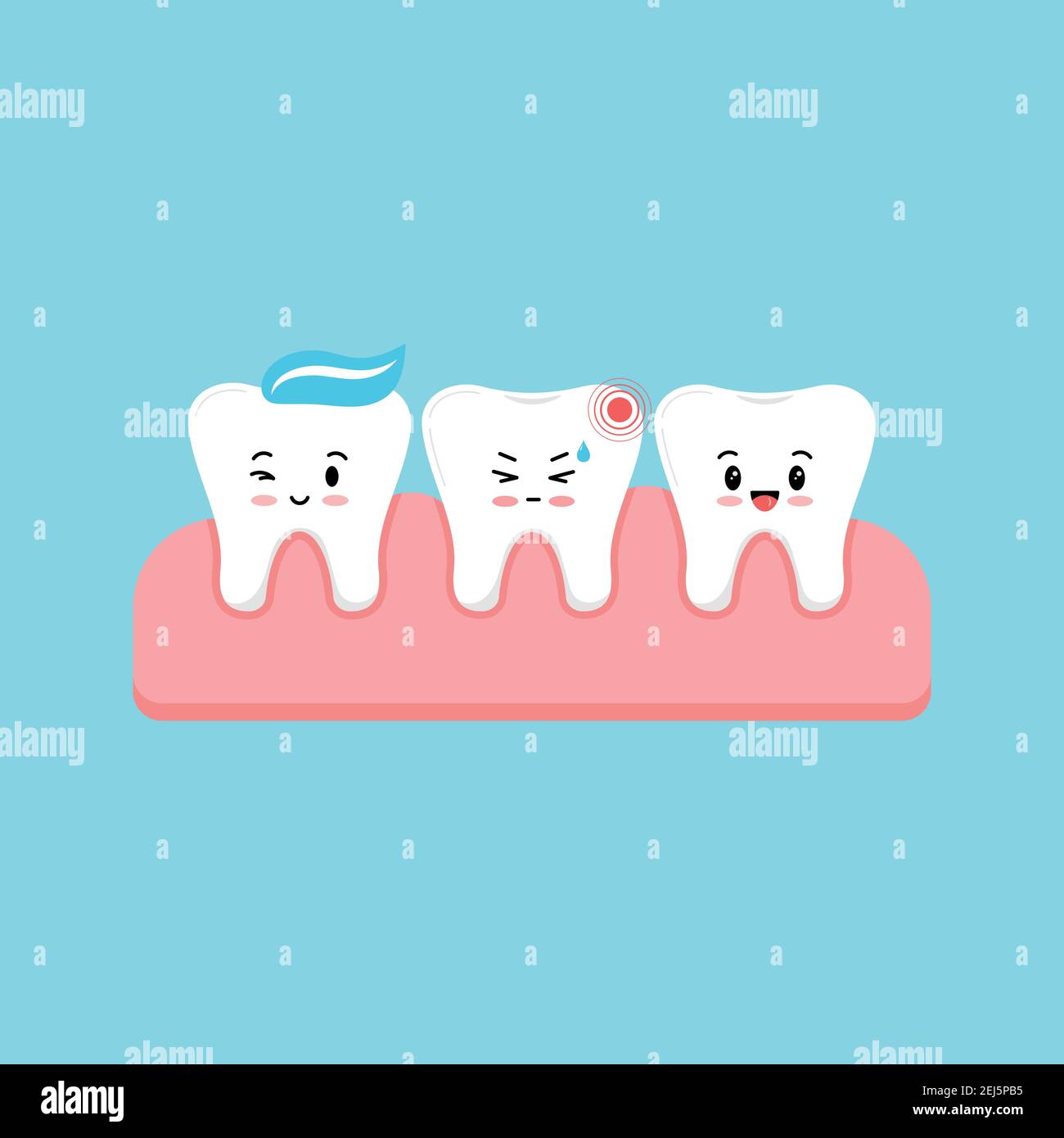 Cute tooth with ache pain and healthy in gum isolated on blue ...