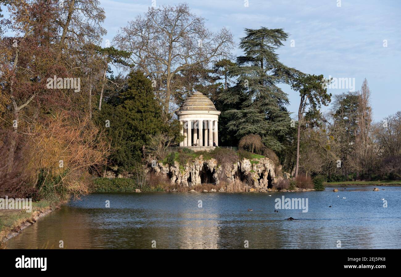 Romantic winter view of the Temple of Love and the artificial grotto on ...