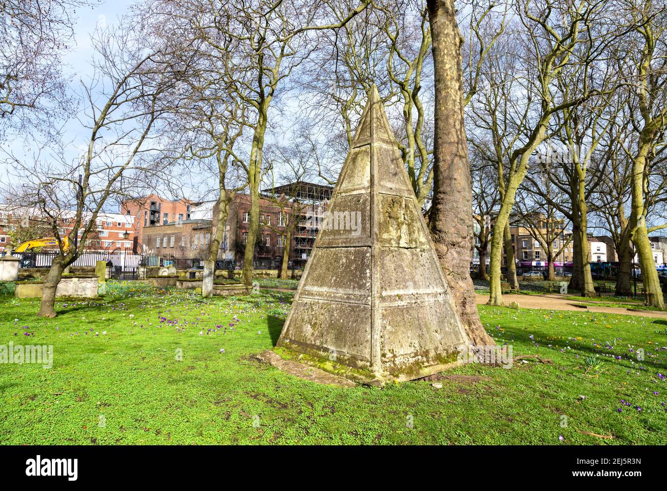 Pyramid in the graveyard around St Anne's Church, Limehouse, London, UK ...