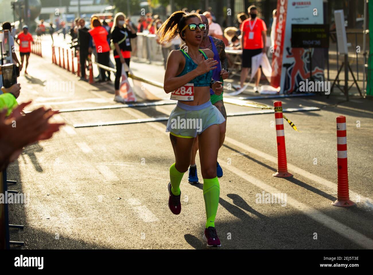 Izmir, Turkey - October 04, 2020. Running people at Finish line ...