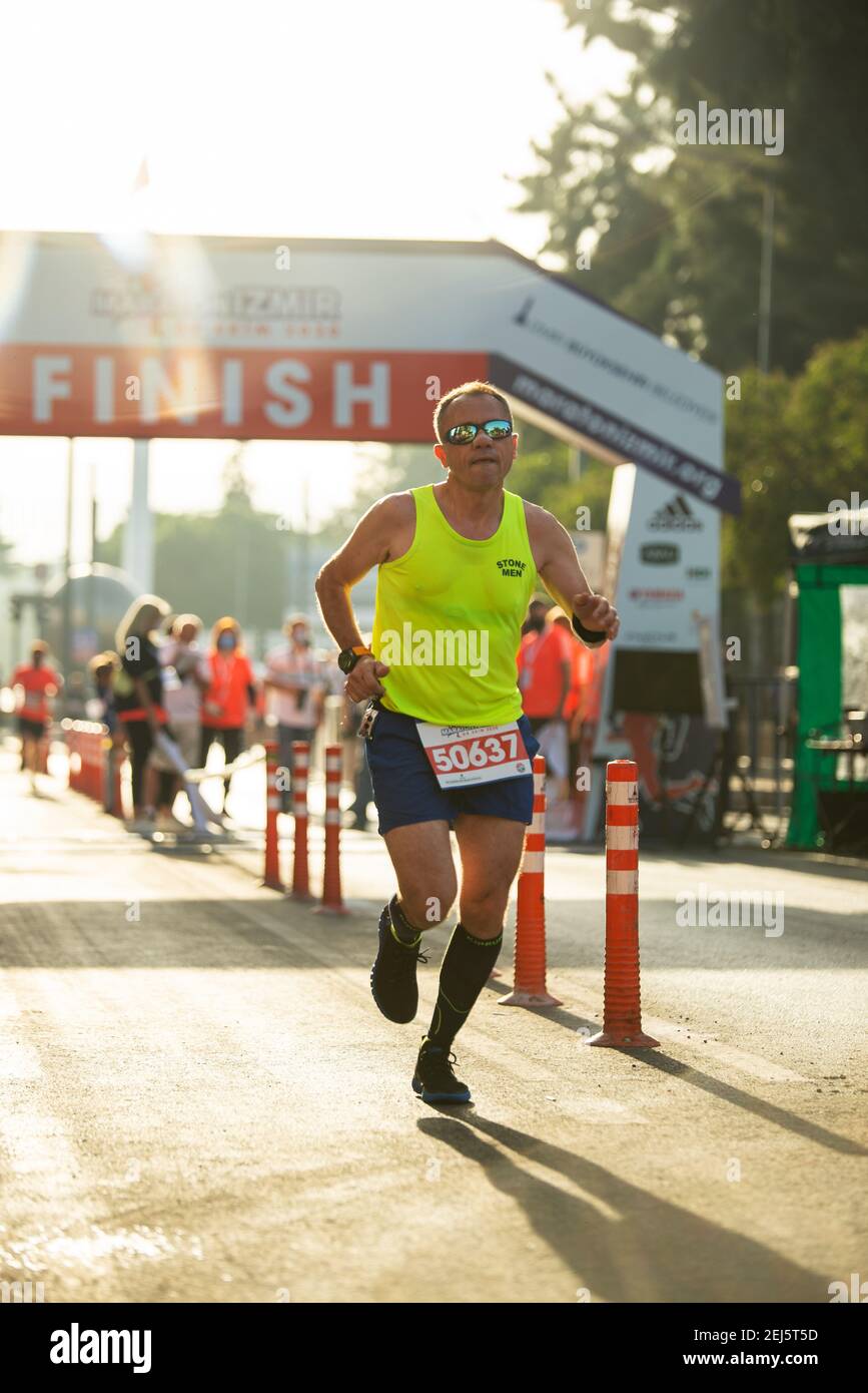 Izmir, Turkey - October 04, 2020. Running man at Finish line Marathon ...