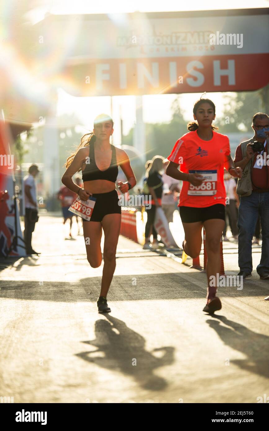 Izmir, Turkey - October 04, 2020. Running people at Finish line ...