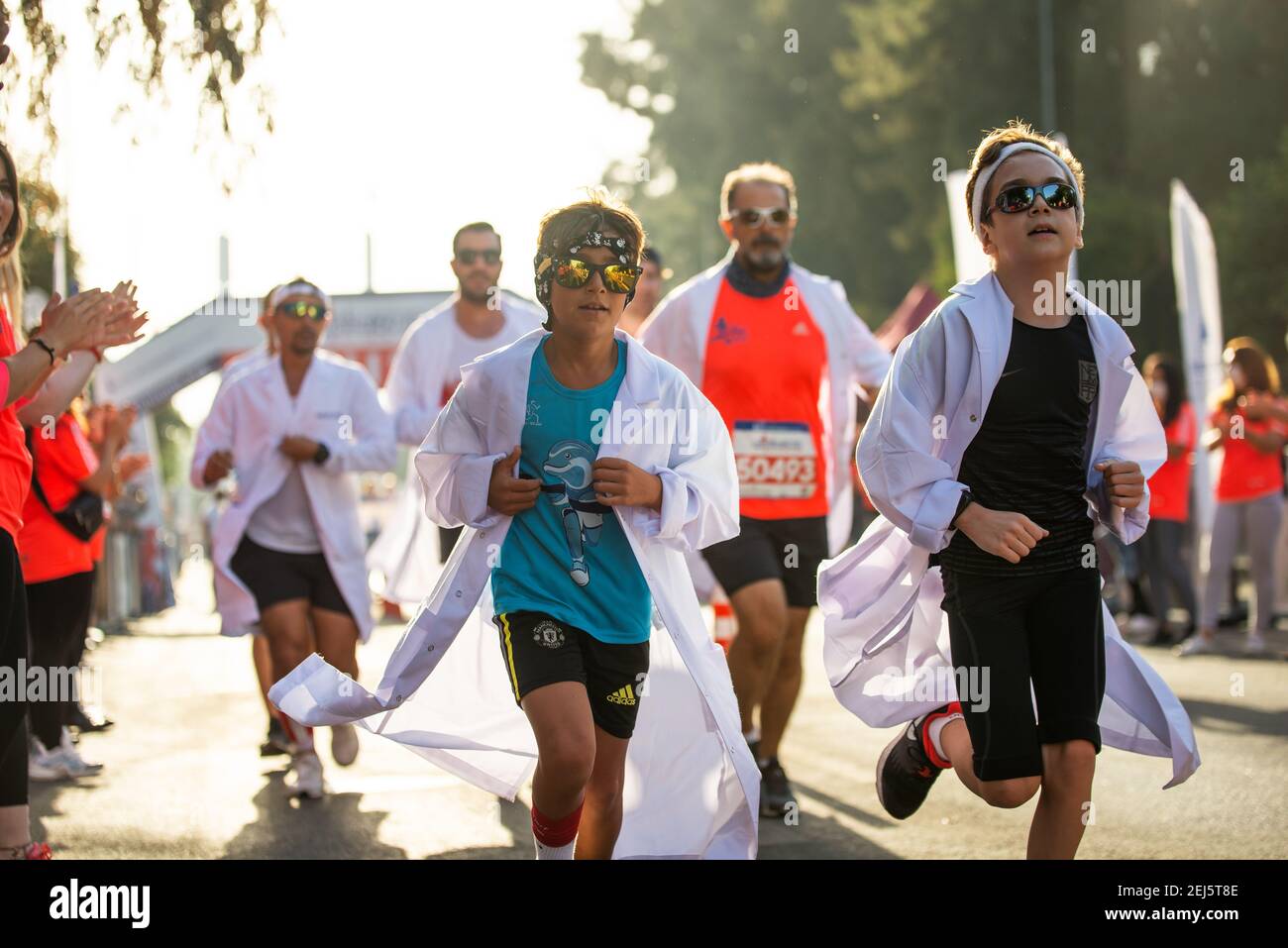 Izmir, Turkey - October 04, 2020. Running people at Finish line ...