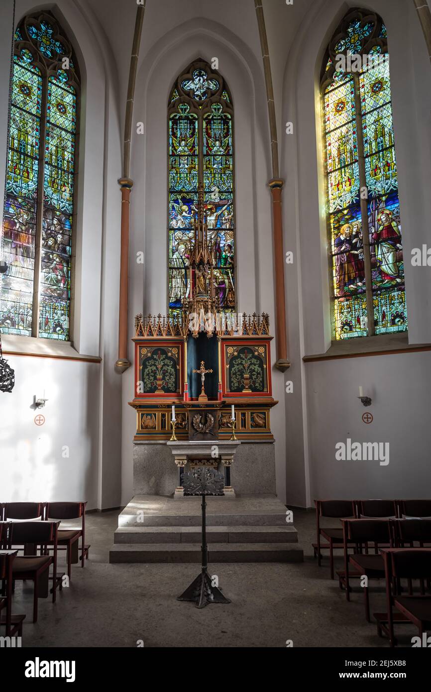 Interior view of Roman Catholic Church "St. Nikolaus" with its stained ...