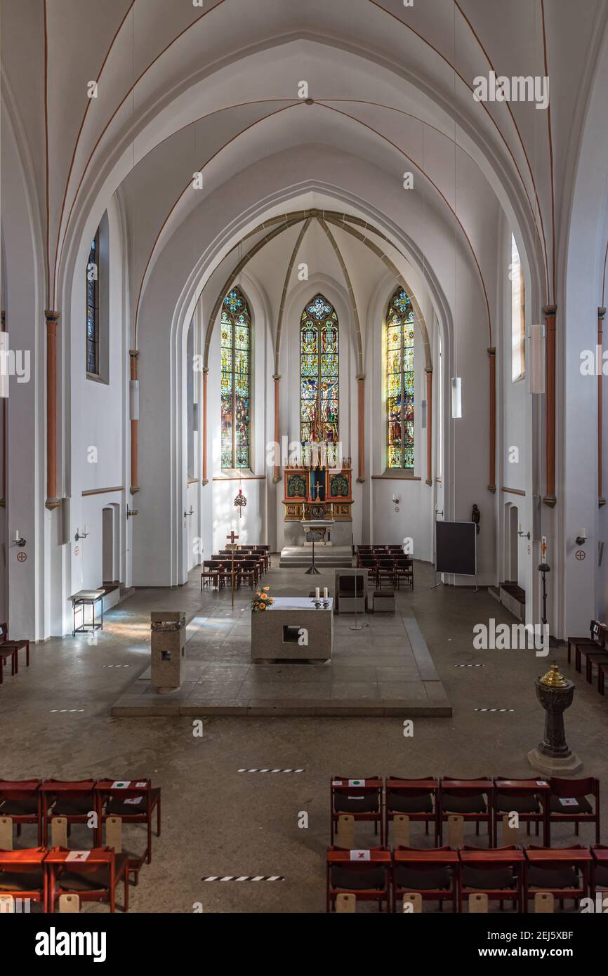Interior view of Roman Catholic Church "St. Nikolaus" with its stained ...
