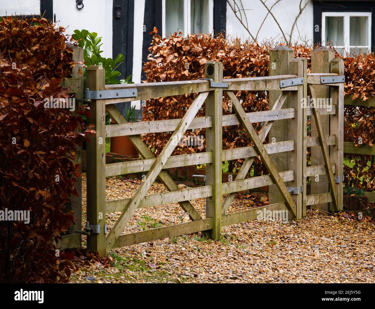 wooden driveway gate in front of a country cottage with copper beech ...