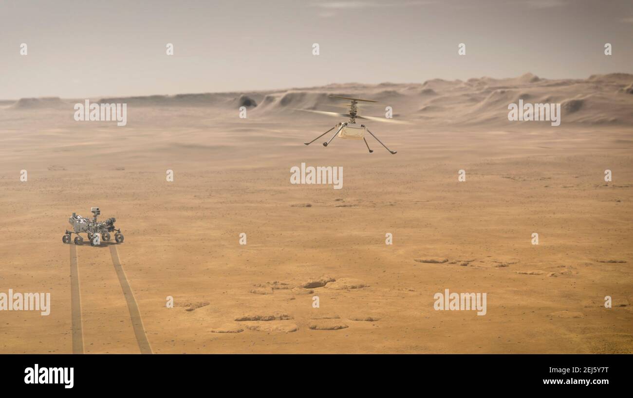 Artist illustration of the NASA Ingenuity Mars Helicopter in flight as ...