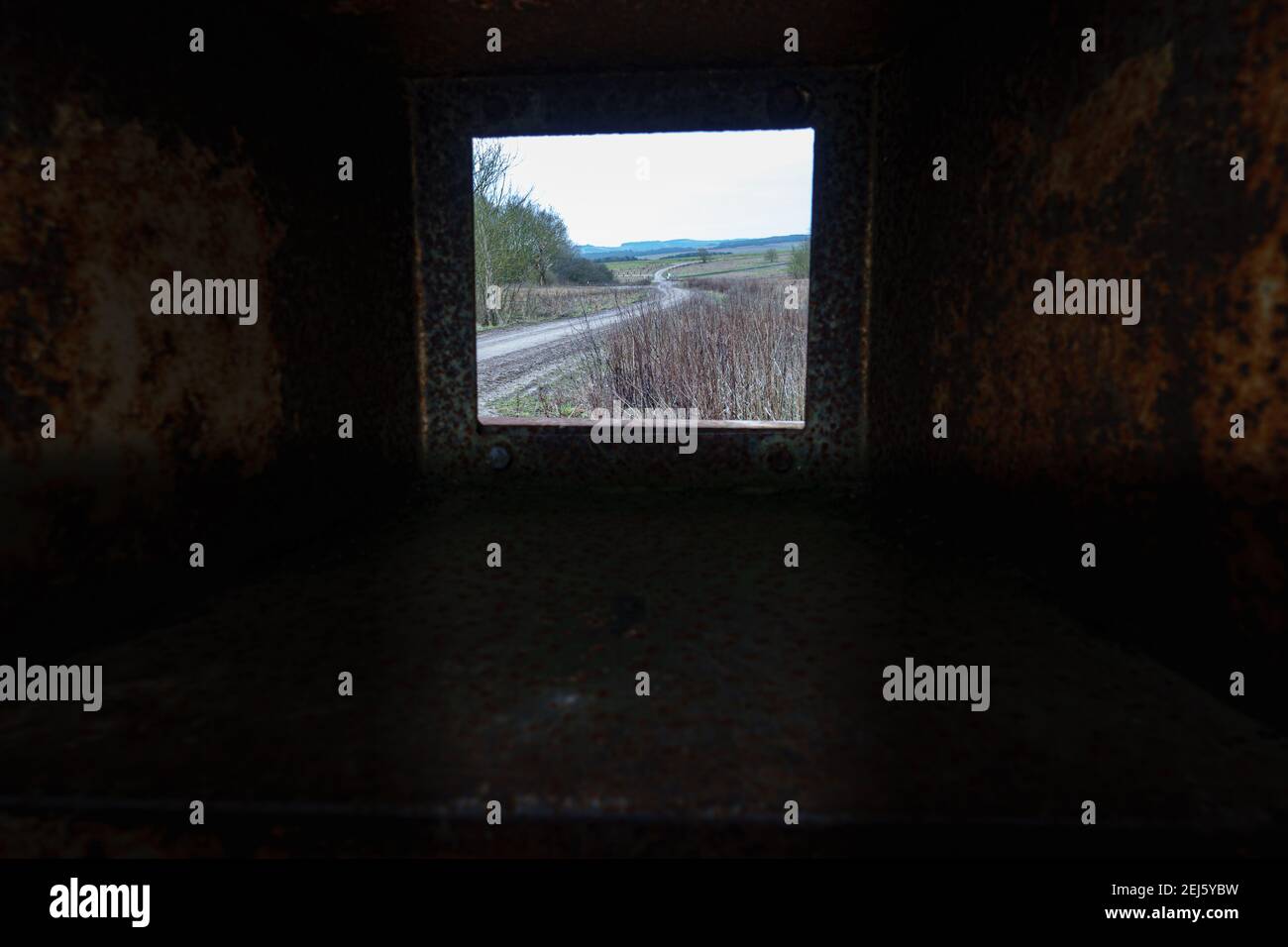 view from a reinforced British Army military bunker square window down ...