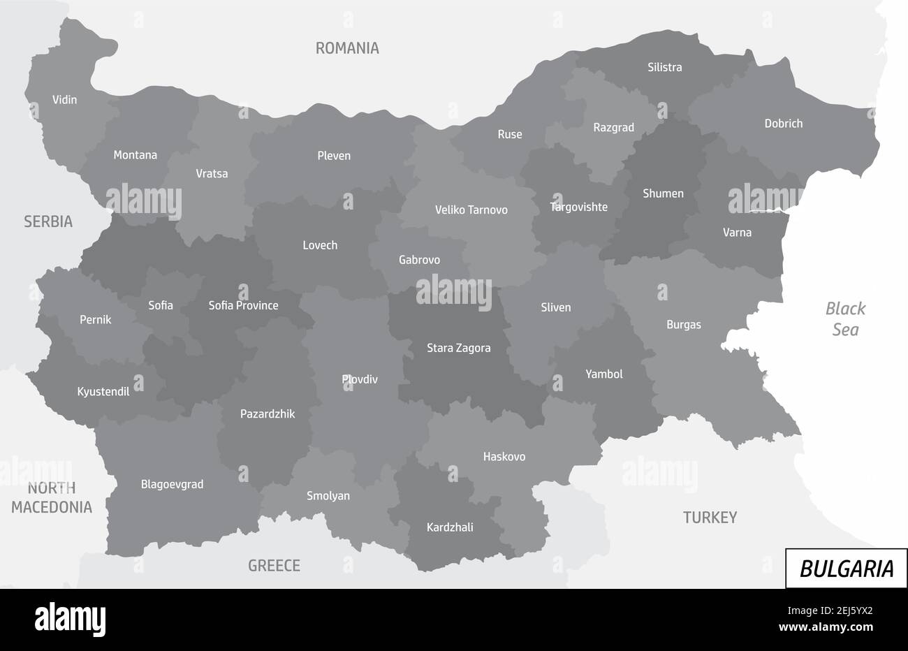 The Bulgaria grayscale map divided in administrative areas with labels ...