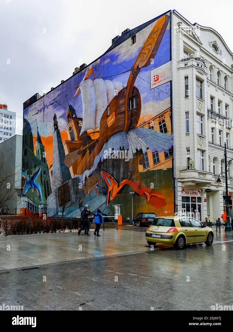Lodz, Poland - February 21 2020 Colorful mural painting on wall of old ...