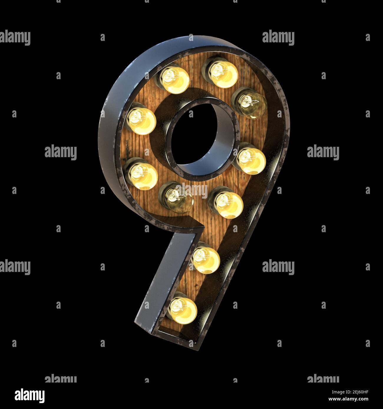 Light bulbs font Number 9 NINE 3D render illustration isolated on black ...