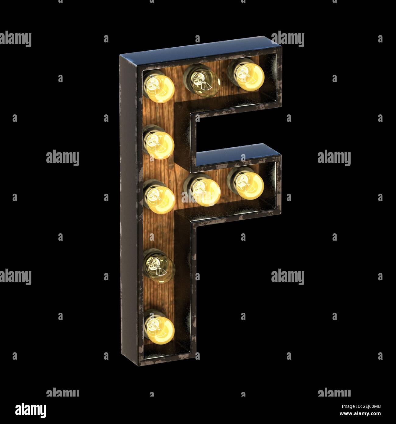 Light bulbs font Letter F 3D render illustration isolated on black ...