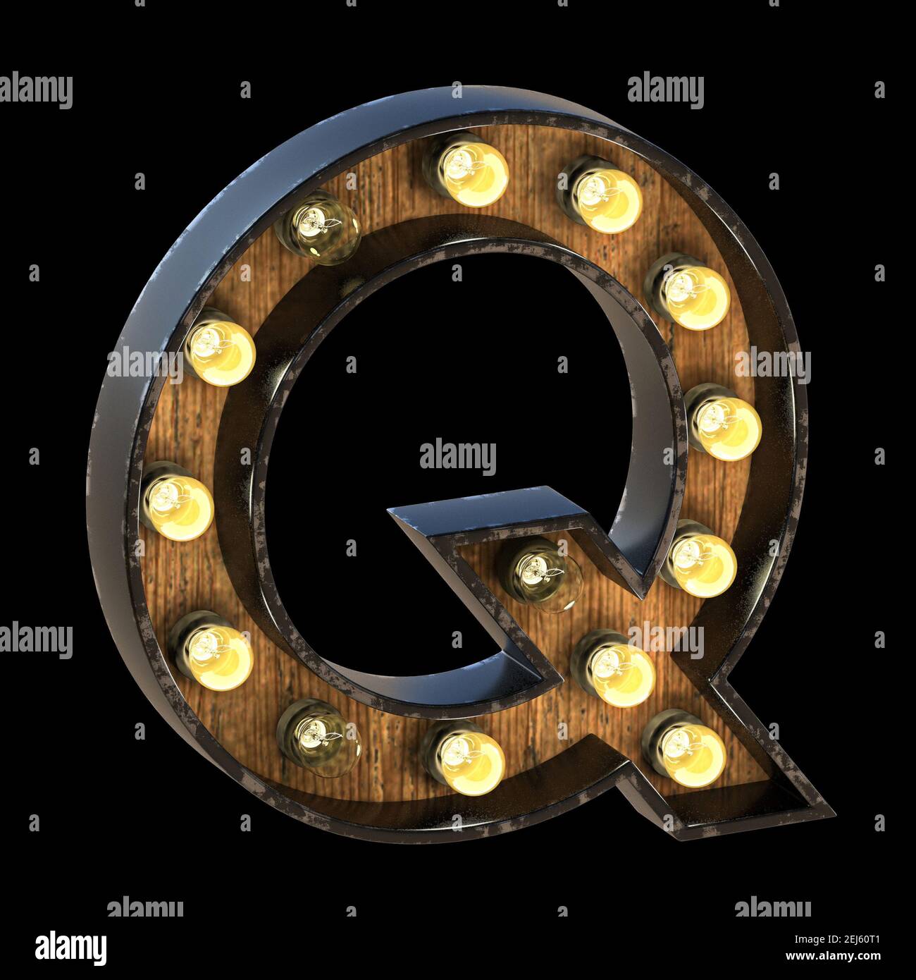 Light bulbs font Letter Q 3D render illustration isolated on black ...