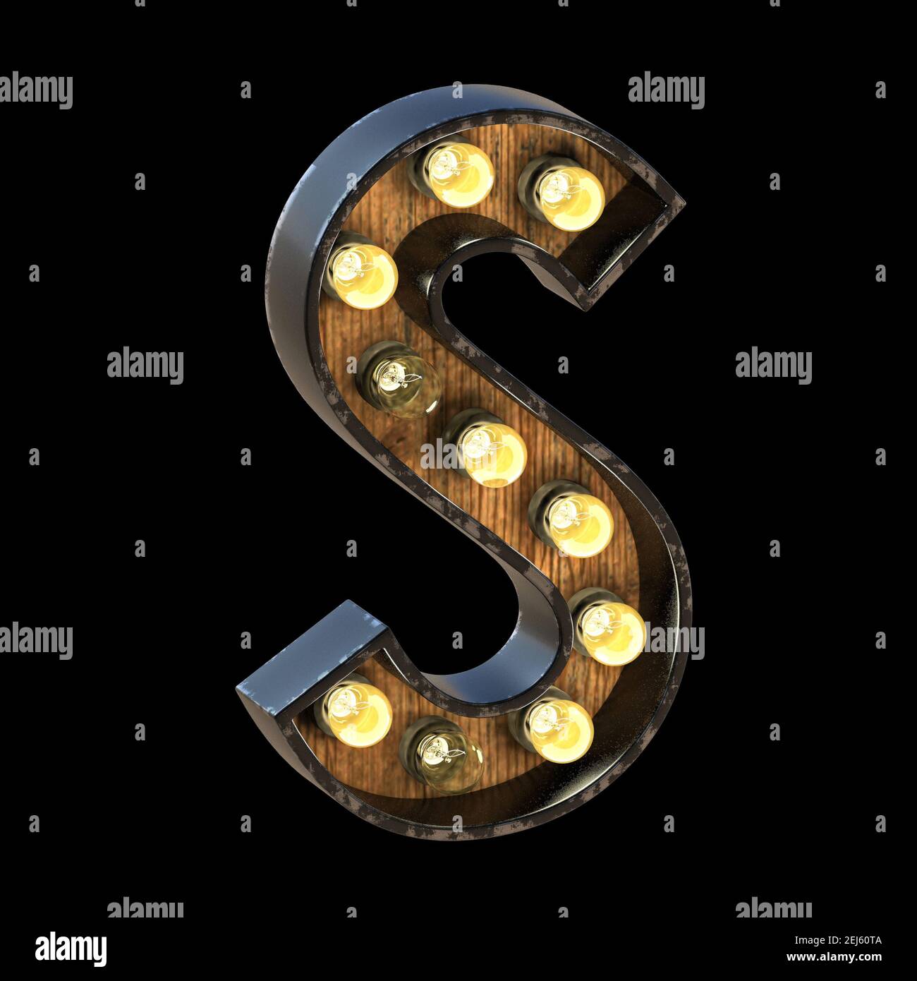 Light bulbs font Letter S 3D render illustration isolated on black ...