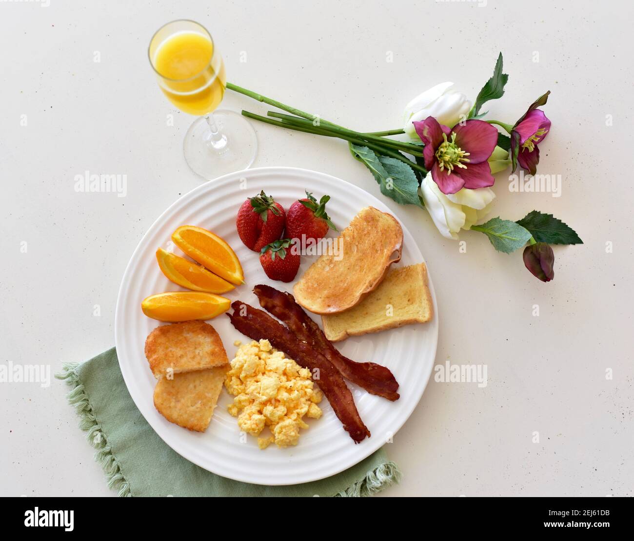 Traditional style American breakfast arranged on tray for hotel room ...