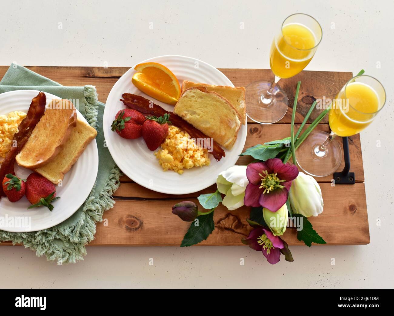 Traditional style American breakfast arranged on tray for hotel room ...