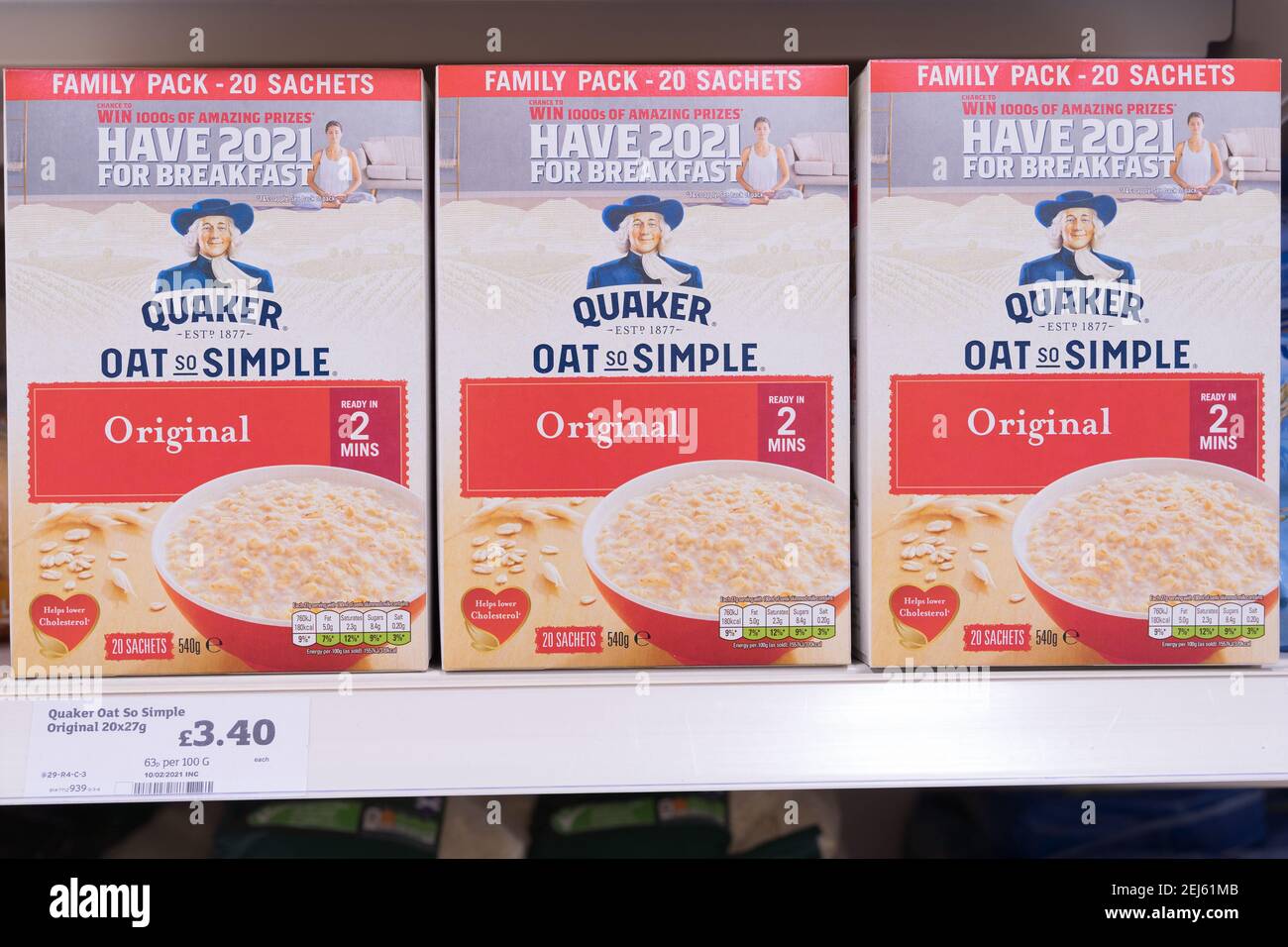 row of three boxes of Quaker oat so simple for breakfast on shelf Stock ...