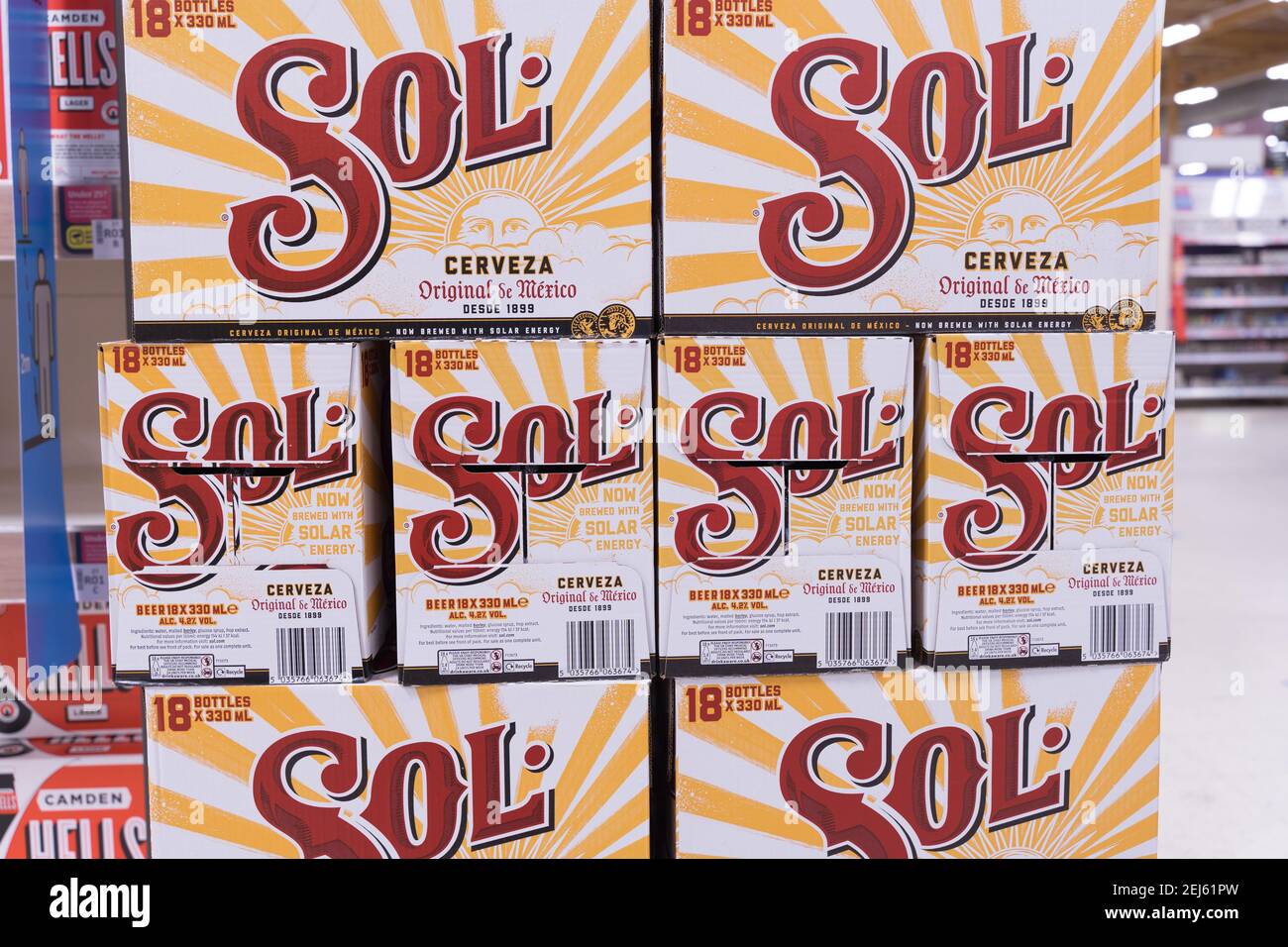 Boxes of Sol beers stack up for sale in supermarket Stock Photo - Alamy