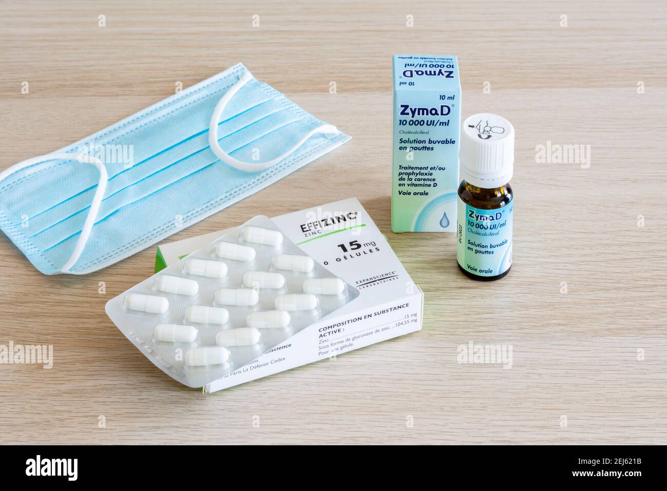 Vitamin D bottle and box, Zymad D brand, French laboratory. Effizinc ...