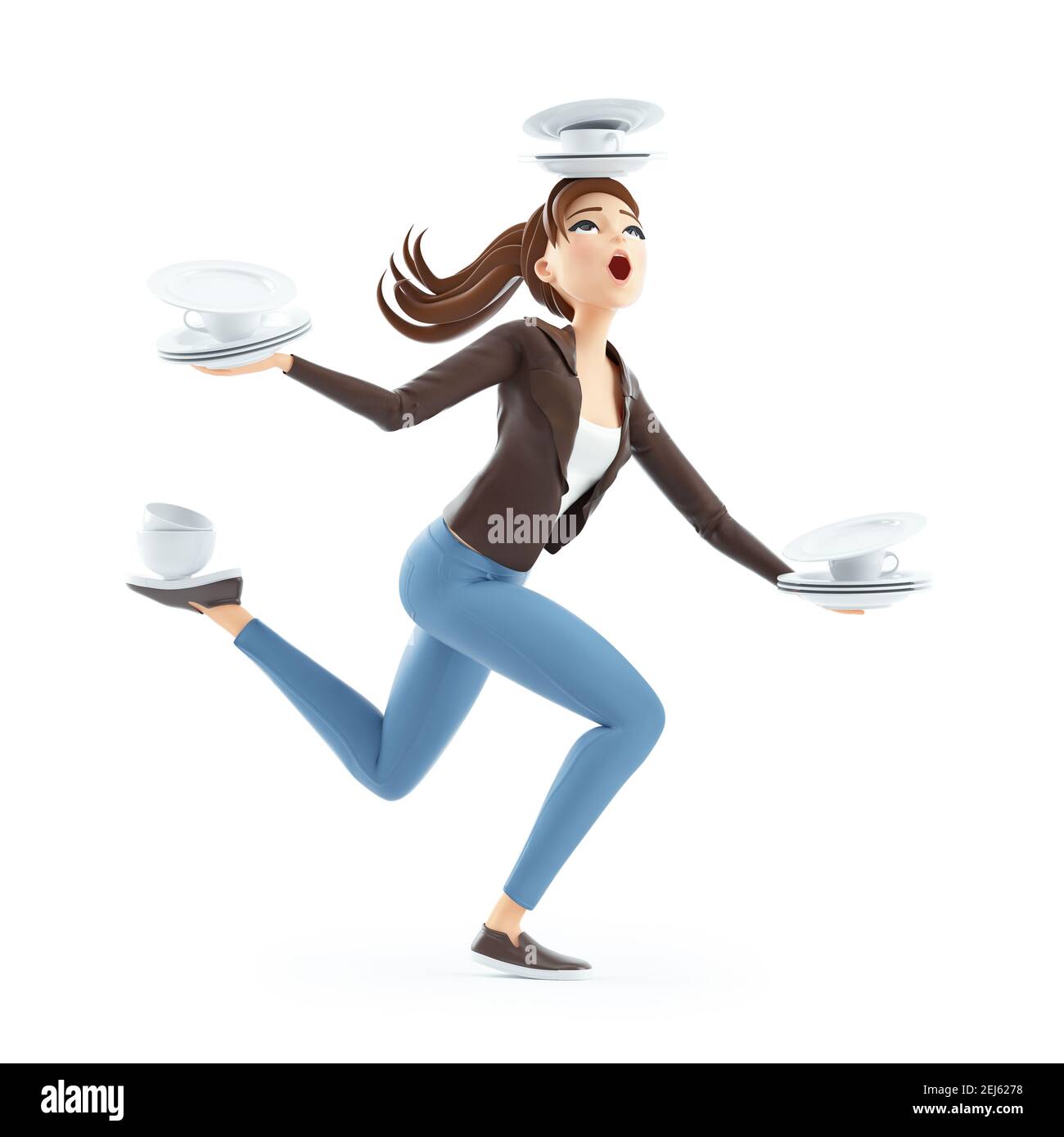 3d cartoon woman balancing on one leg with tableware, illustration ...