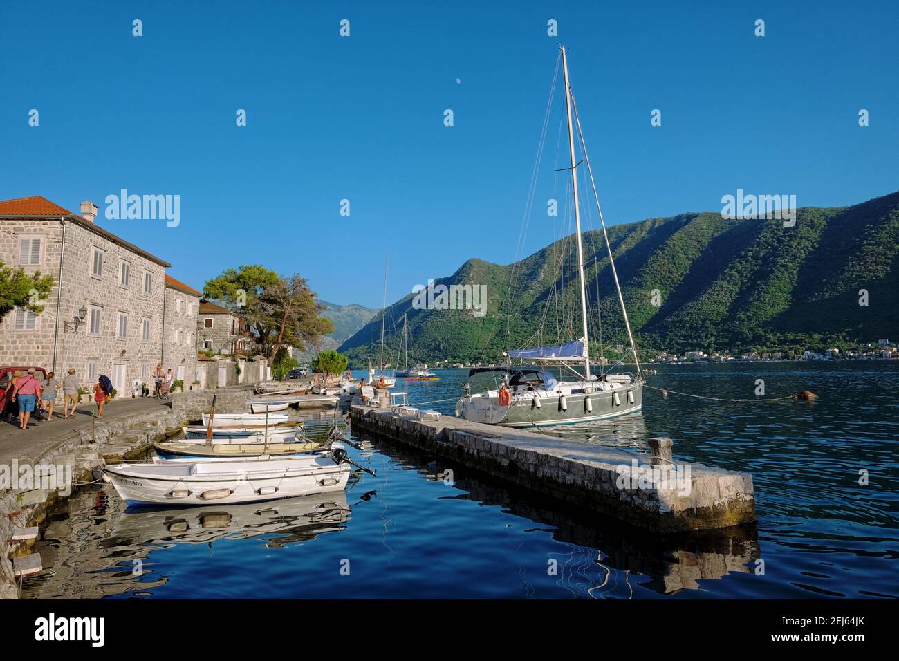 PERAST, MONTENEGRO - YULY 14, 2016: sailboat moored in the marina of ...