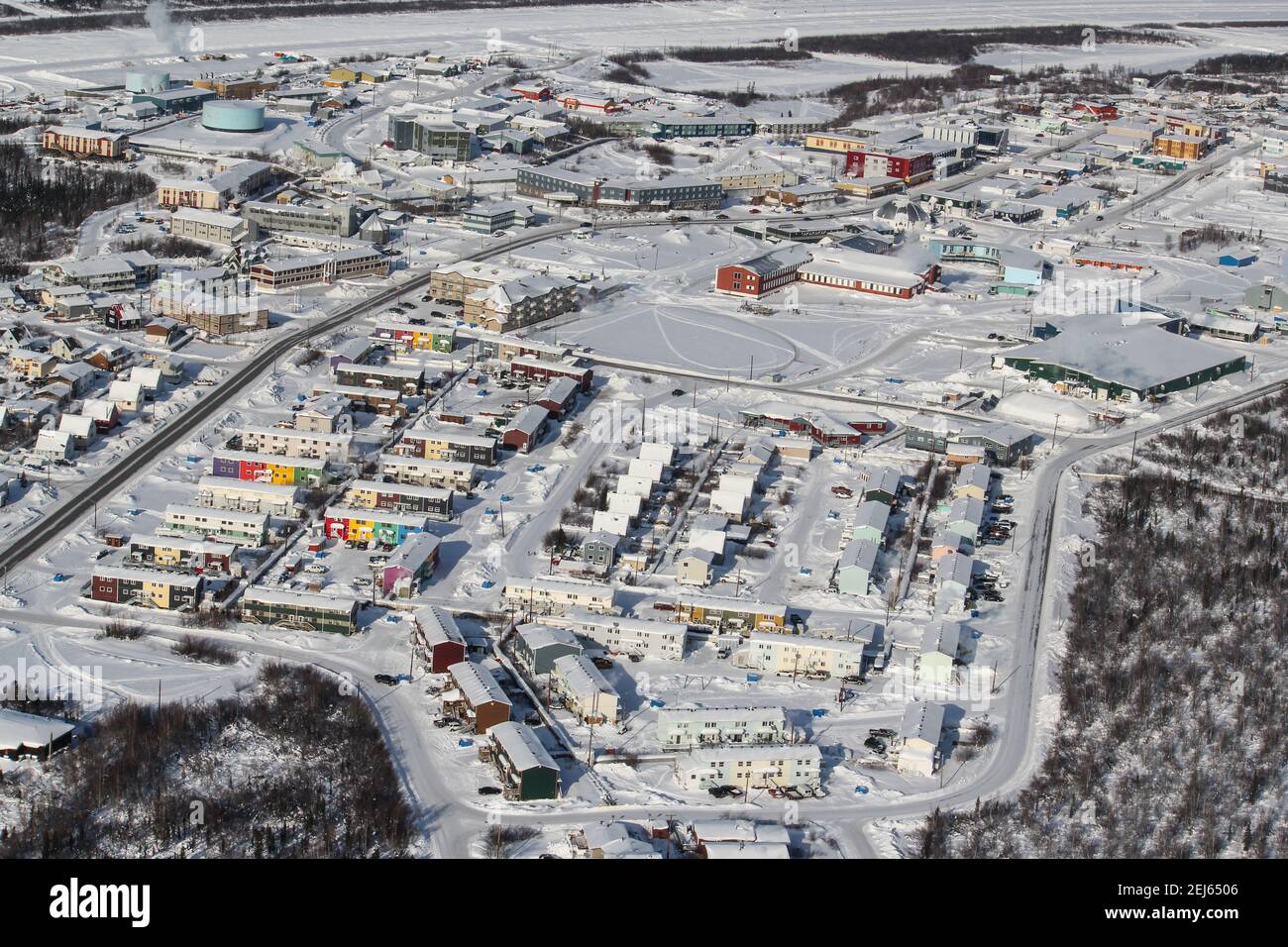 Aerial winter view of buildings in the town of Inuvik, Northwest ...