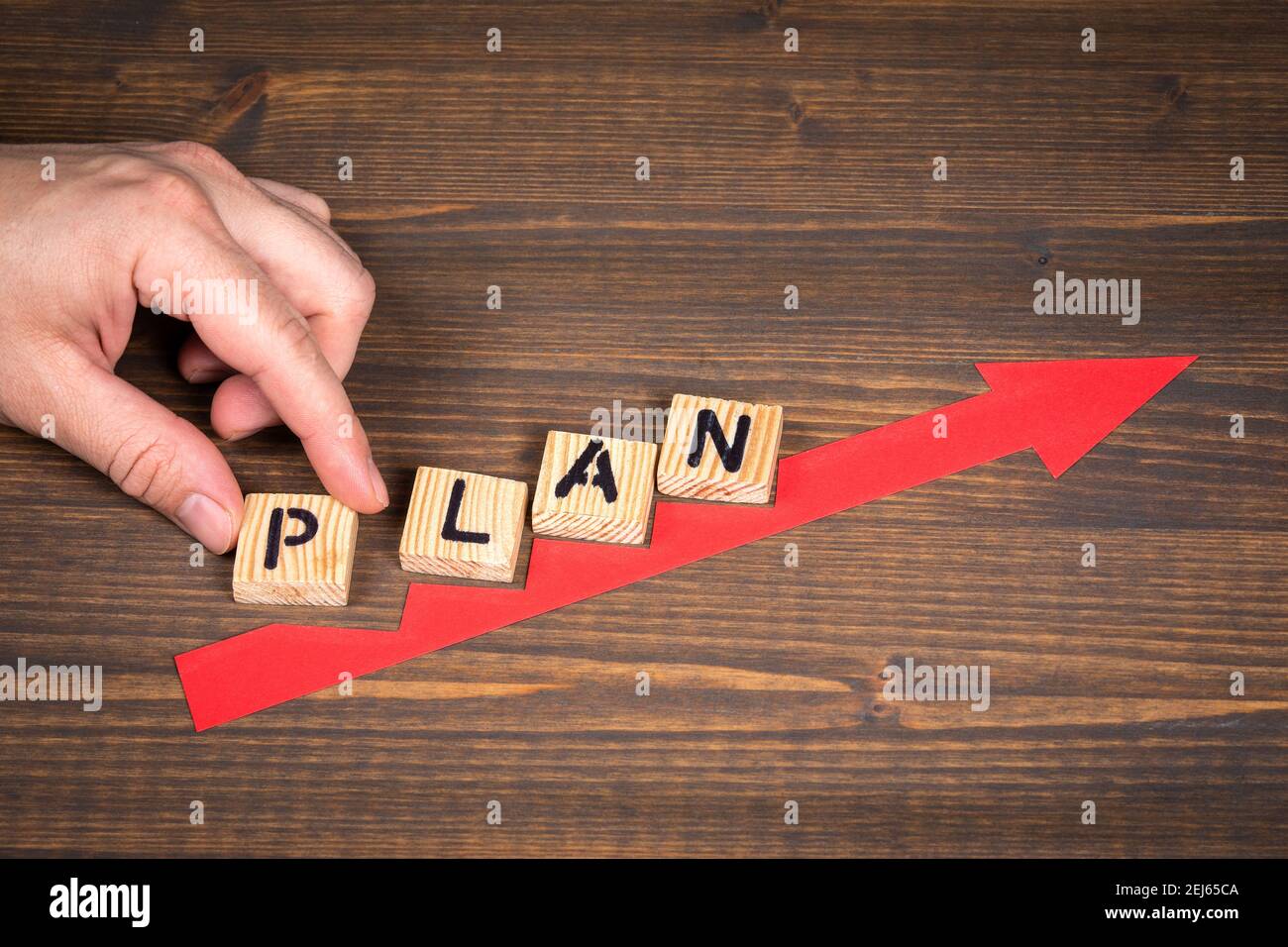 PLAN concept. Red arrow indicates the development and growth. Steps ...