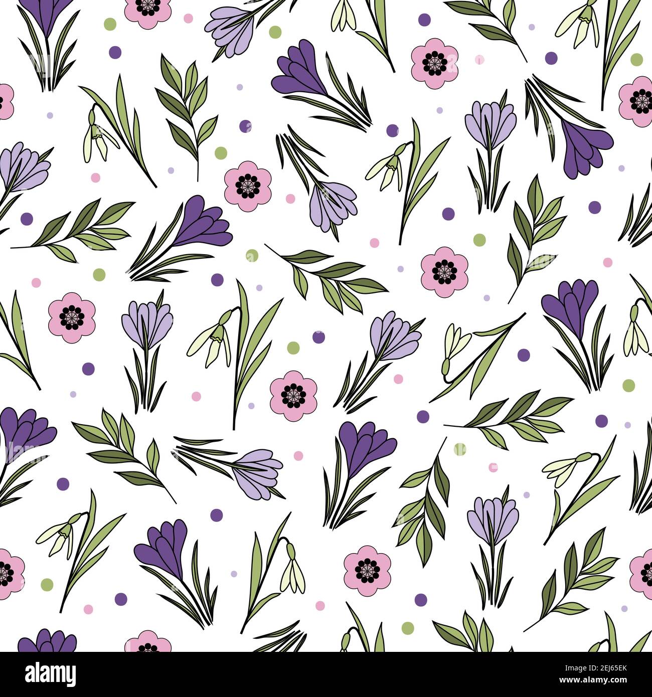Spring pattern design with snowdrops, spring crocus, small flowers ...