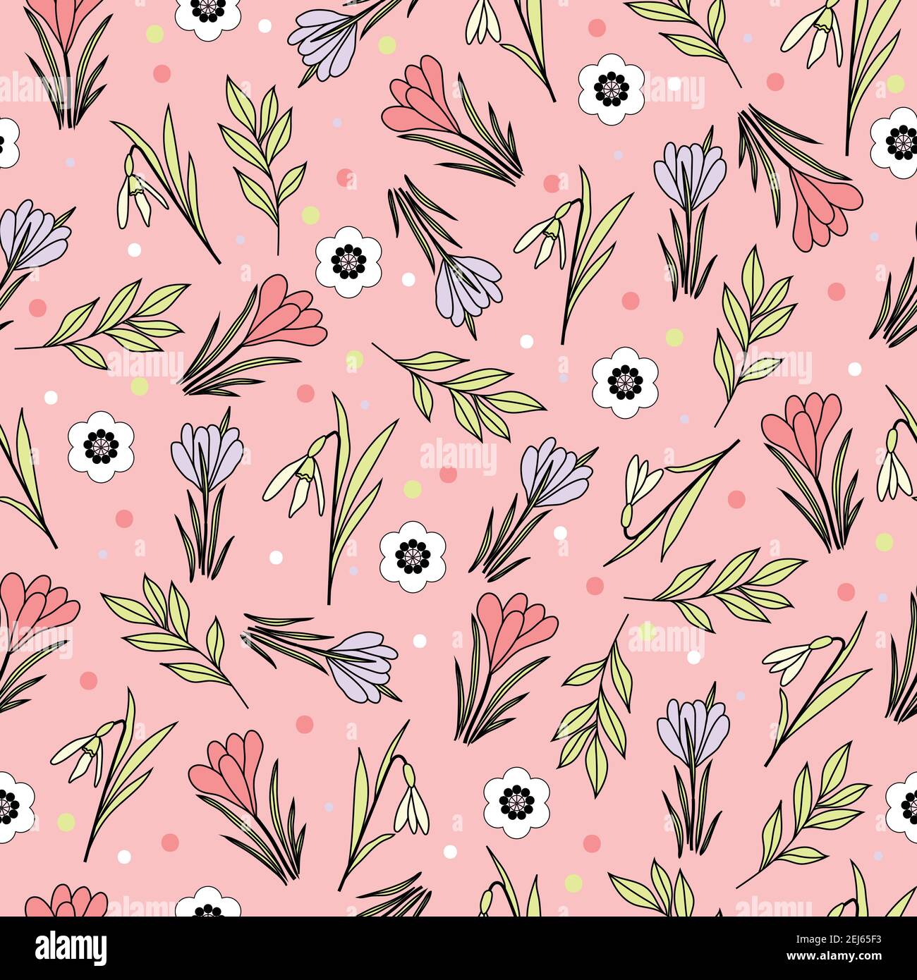 Spring pattern design with snowdrops, spring crocus, small flowers ...