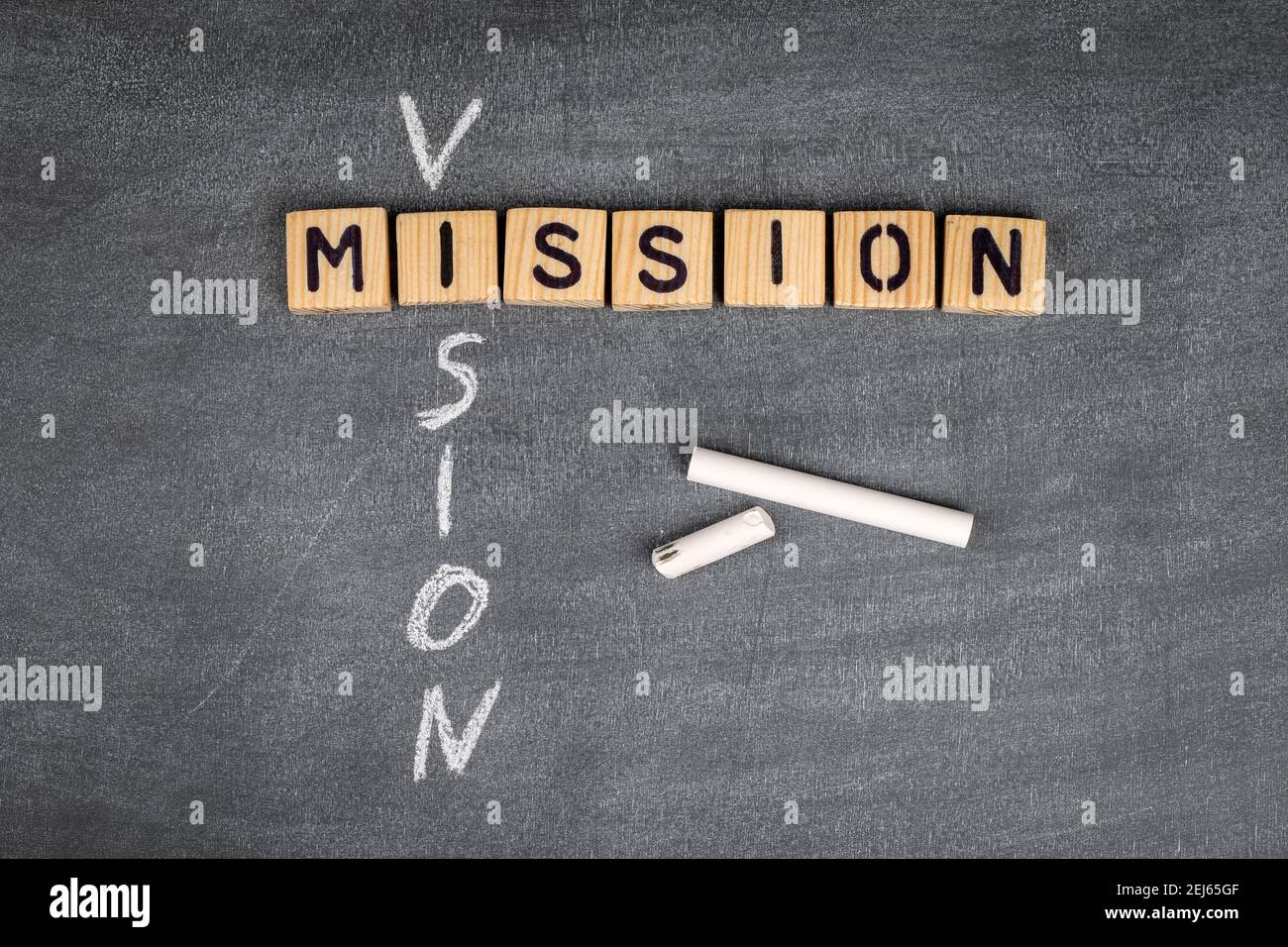 Mission and Vision concept. Wooden alphabet letters on a gray chalk ...