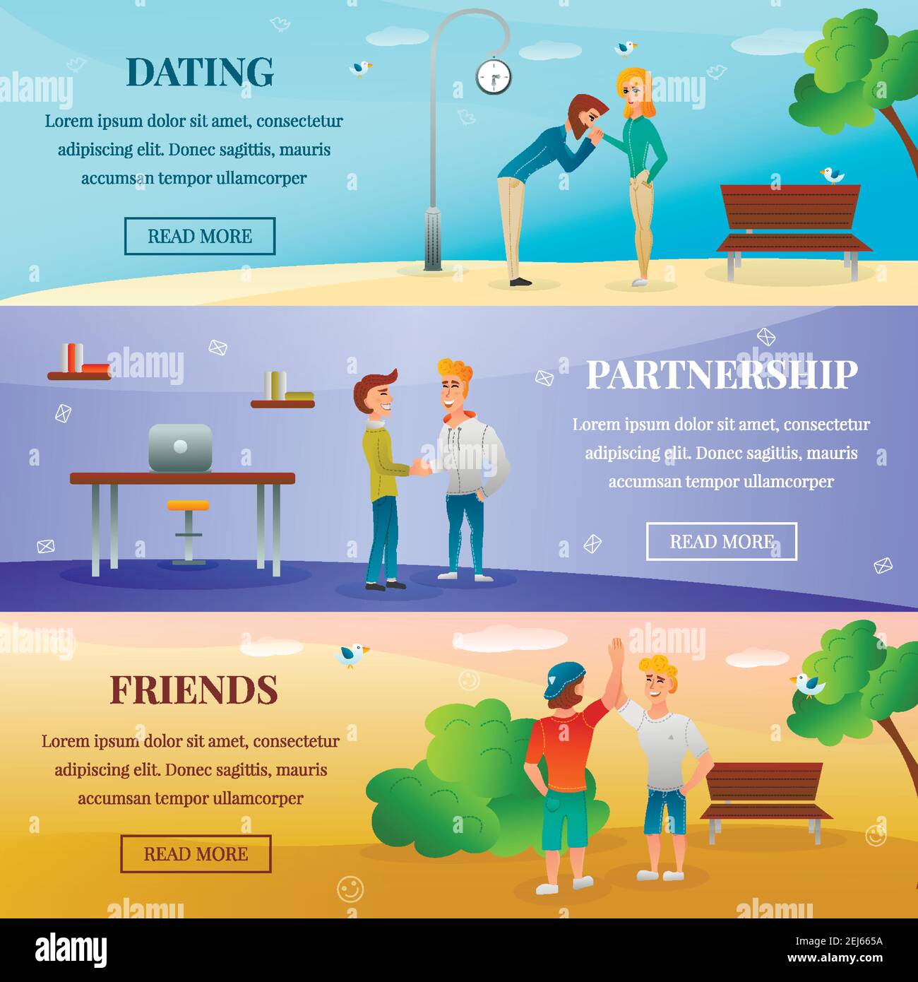 Horizontal banners with human characters with gestures during dating ...