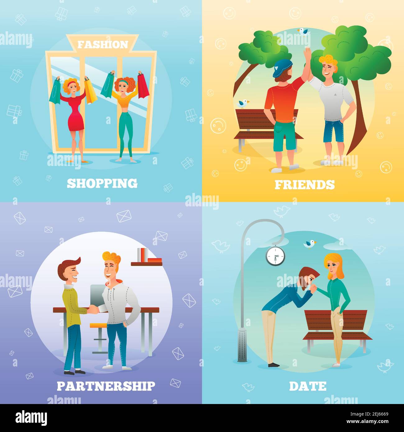 Friends partners dating couple greeting each other gestures 4 flat ...