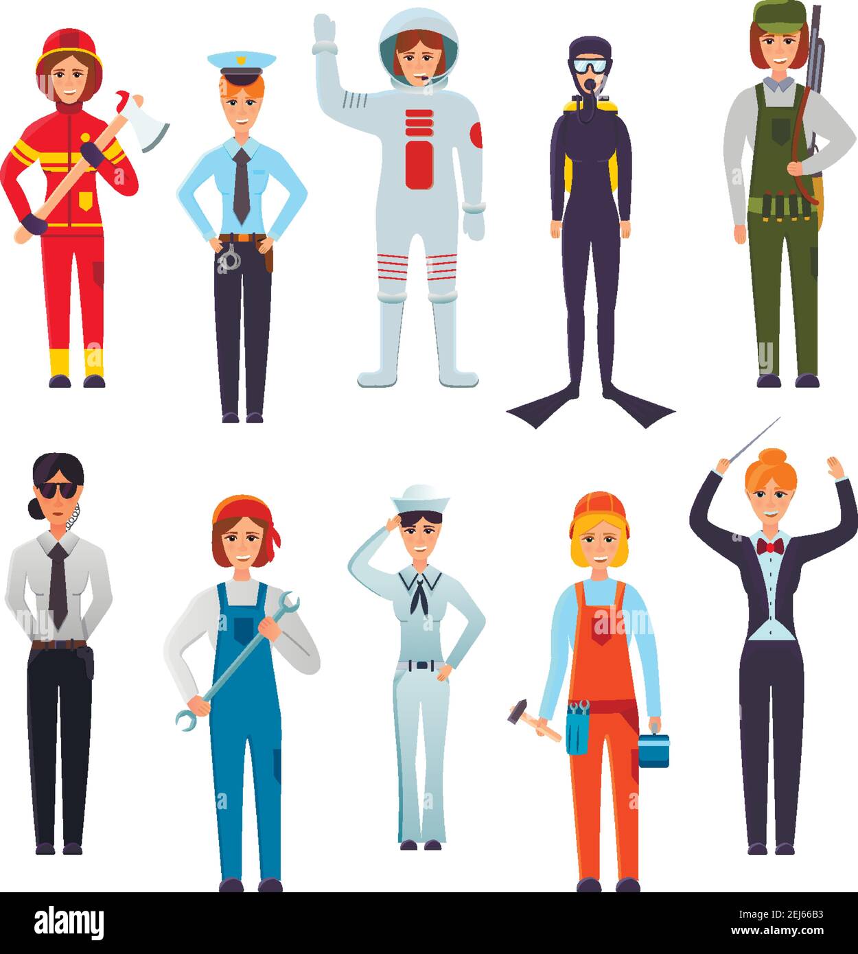 Women professions flat character set with police officer firefighter ...