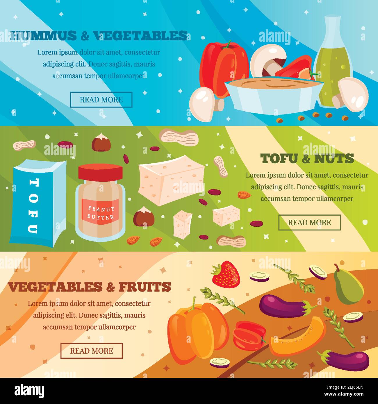 Vegetarian food set of flat horizontal banners with fruits and ...