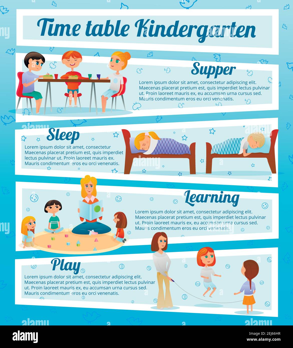 Kindergarten characters infographics with timetable of kids activities ...