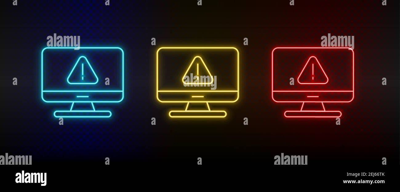 Neon icon set Computer error. Set of red, blue, yellow neon vector icon ...